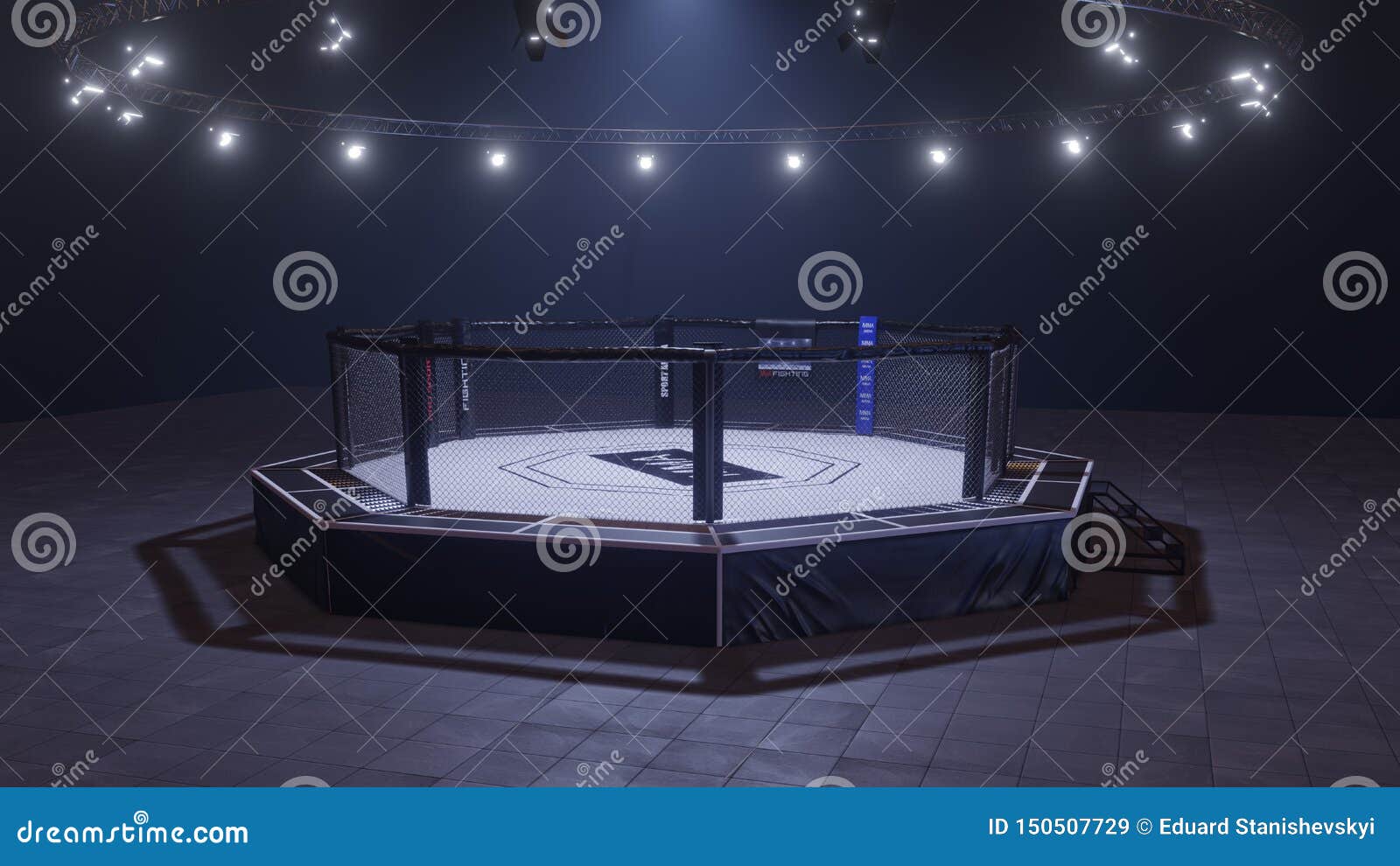 Mma Arena. Empty Fight Cage Under Lights. 3D Rendering Stock ...