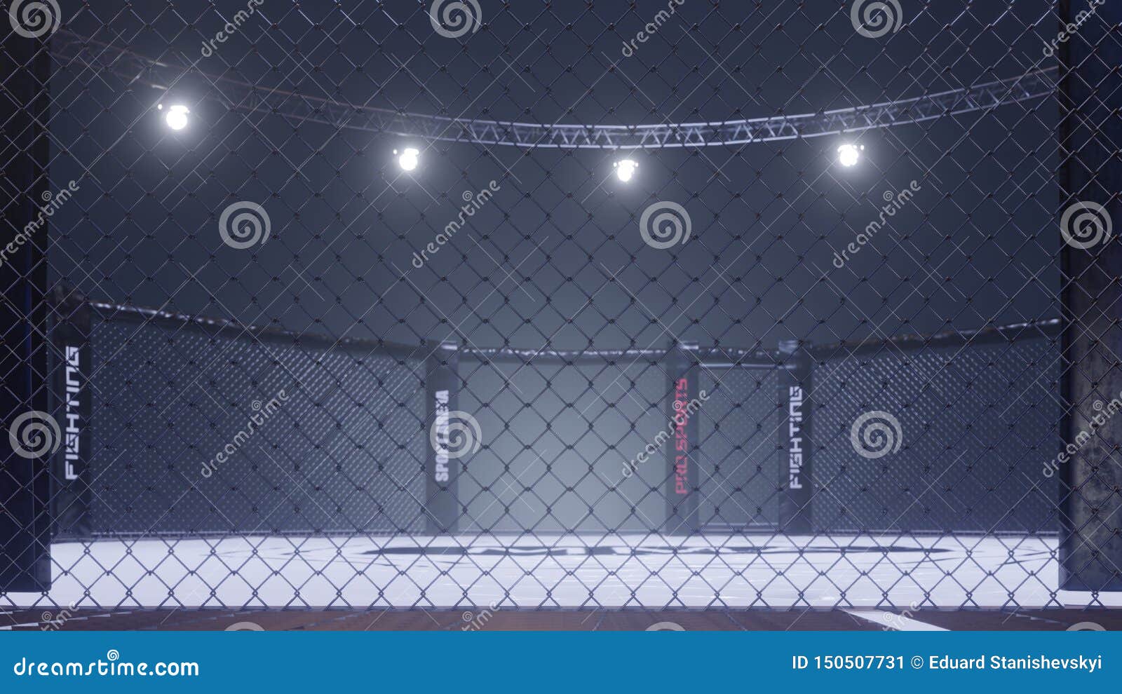 Mma Arena Side View. Empty Fight Cage Under Lights. 3D Rendering Stock ...
