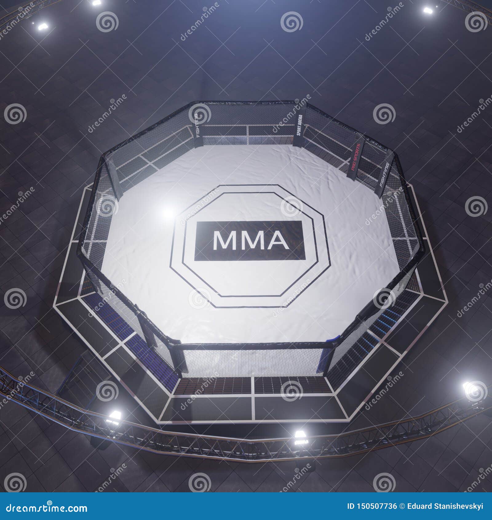 Mma Arena Top View. Empty Fight Cage Under Lights. 3D Rendering Stock ...