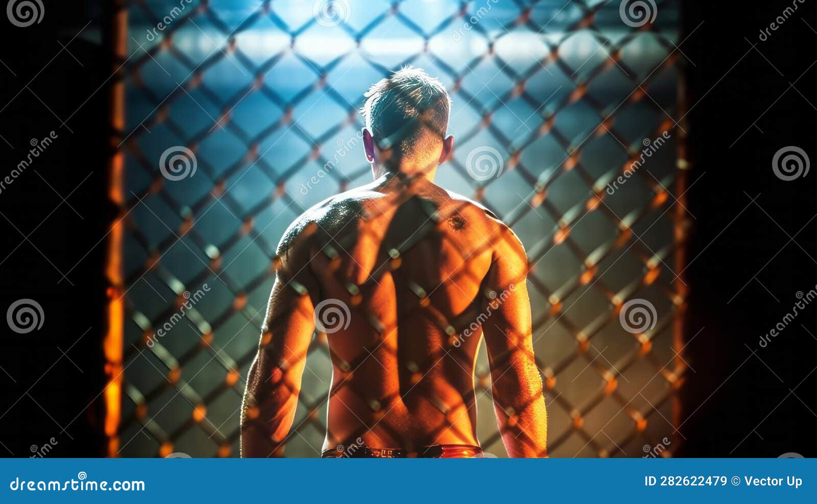 MMA Fighter in the Cage Back View. Generative AI. Stock Illustration ...