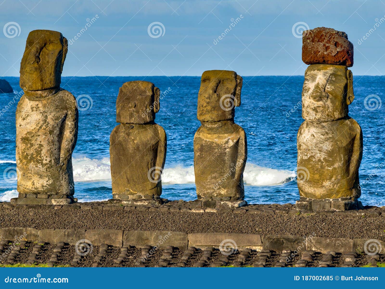 Moai on Easter Island with Red Topknot Hats at Anakena Ahu Stock Image ...
