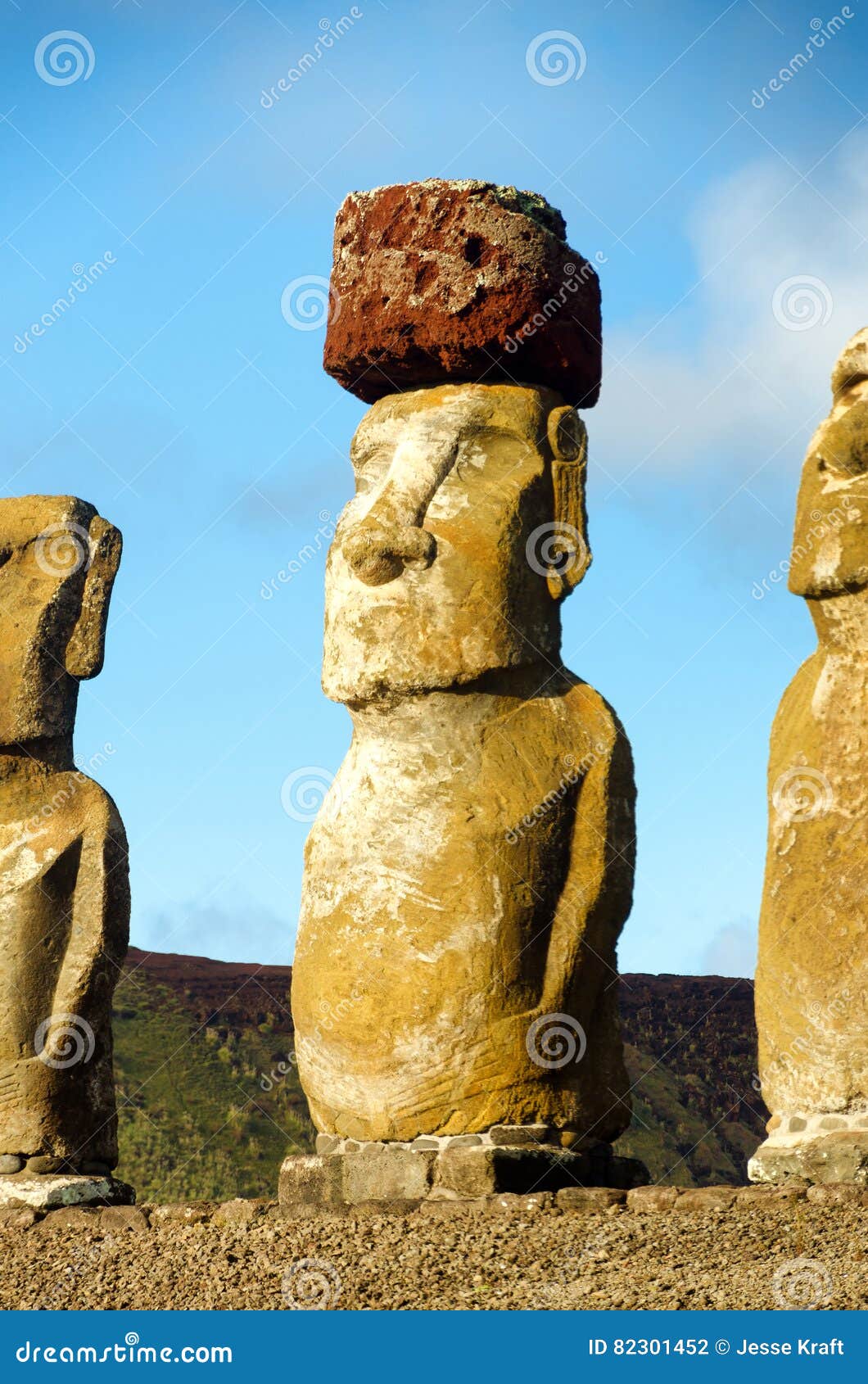 Moai With Pukao Hat Of Ahu Ko Te Riku Ceremonial Platform, With Group ...