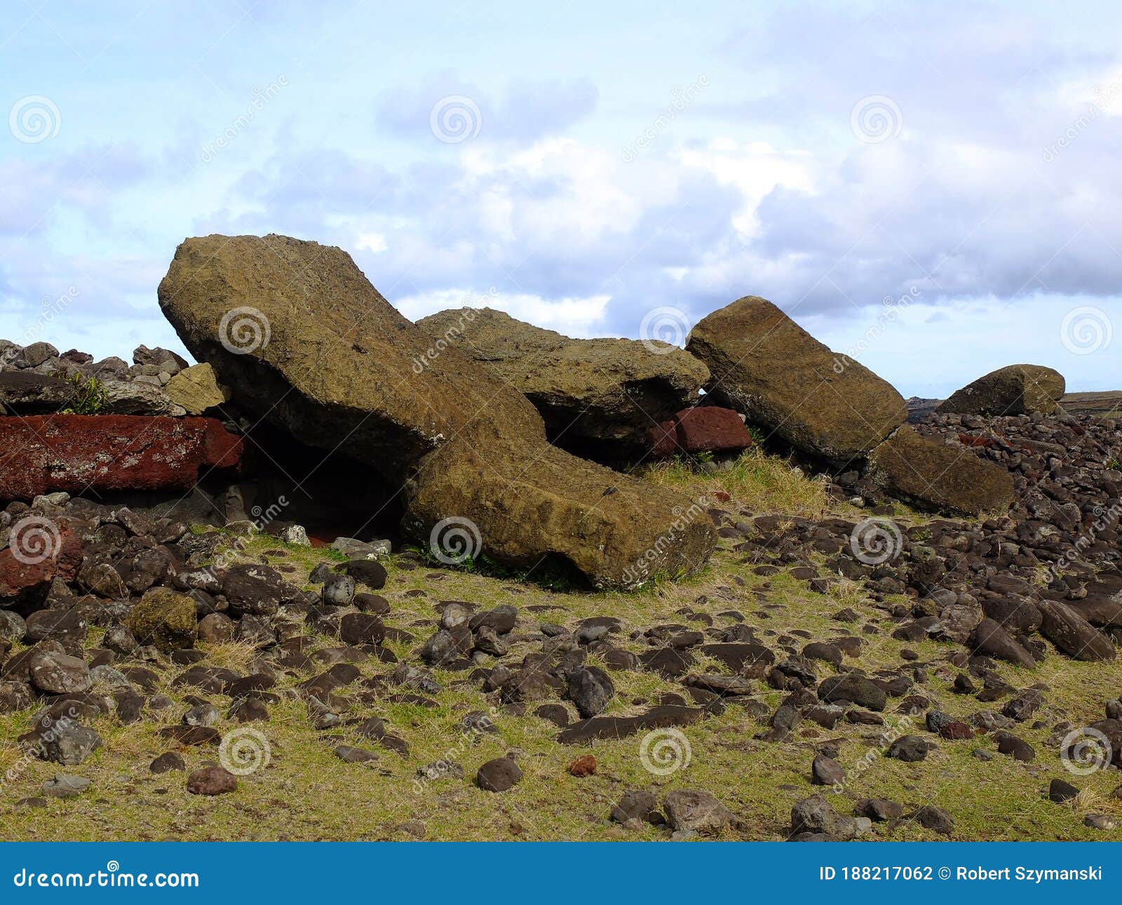 Moai With Pukao Hat Of Ahu Ko Te Riku Ceremonial Platform, With Group ...