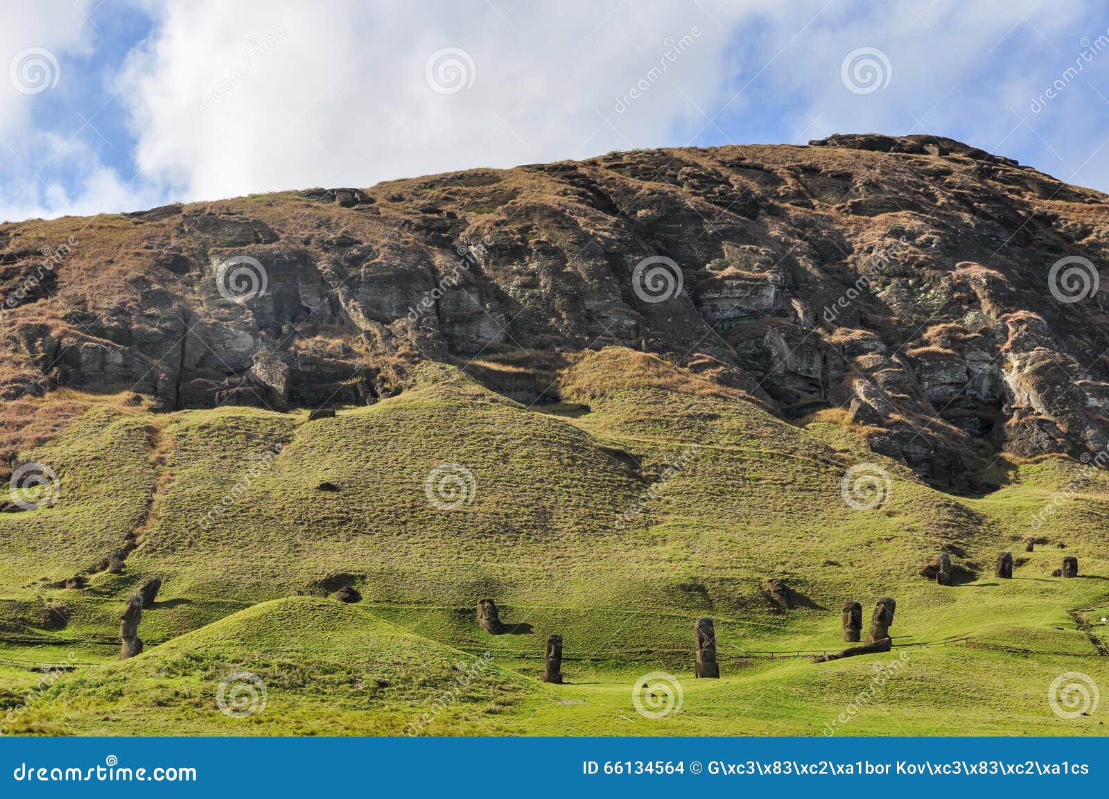 Moai Statues in Rano Raraku Volcano, Easter Island, Chile Stock Photo ...