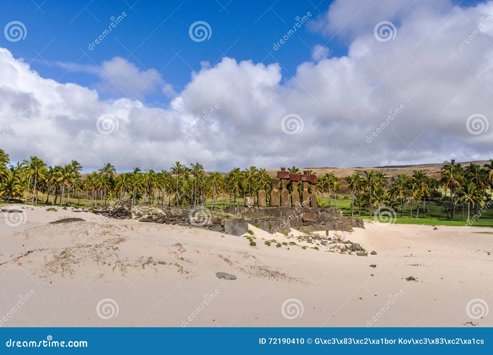 Moais on Anakena Beach in Easter Island, Chile Stock Photo - Image of ...