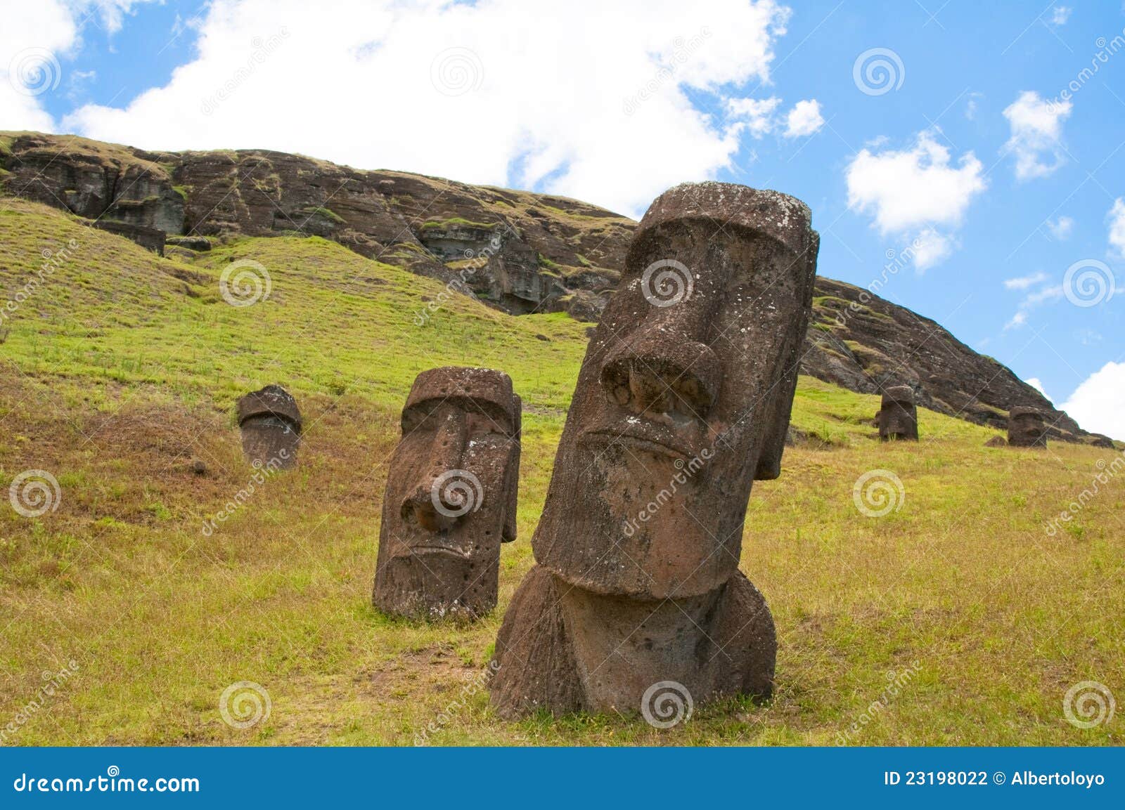 Moais at Rano Raraku Volcano, Easter Island Stock Photo - Image of ...