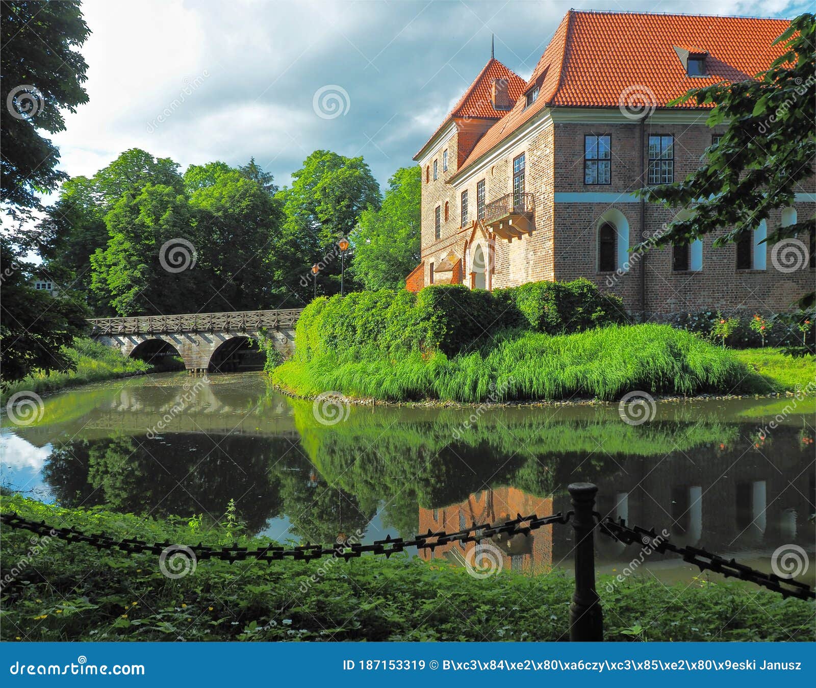 Castle, moat and bridge. stock image. Image of water - 187153319