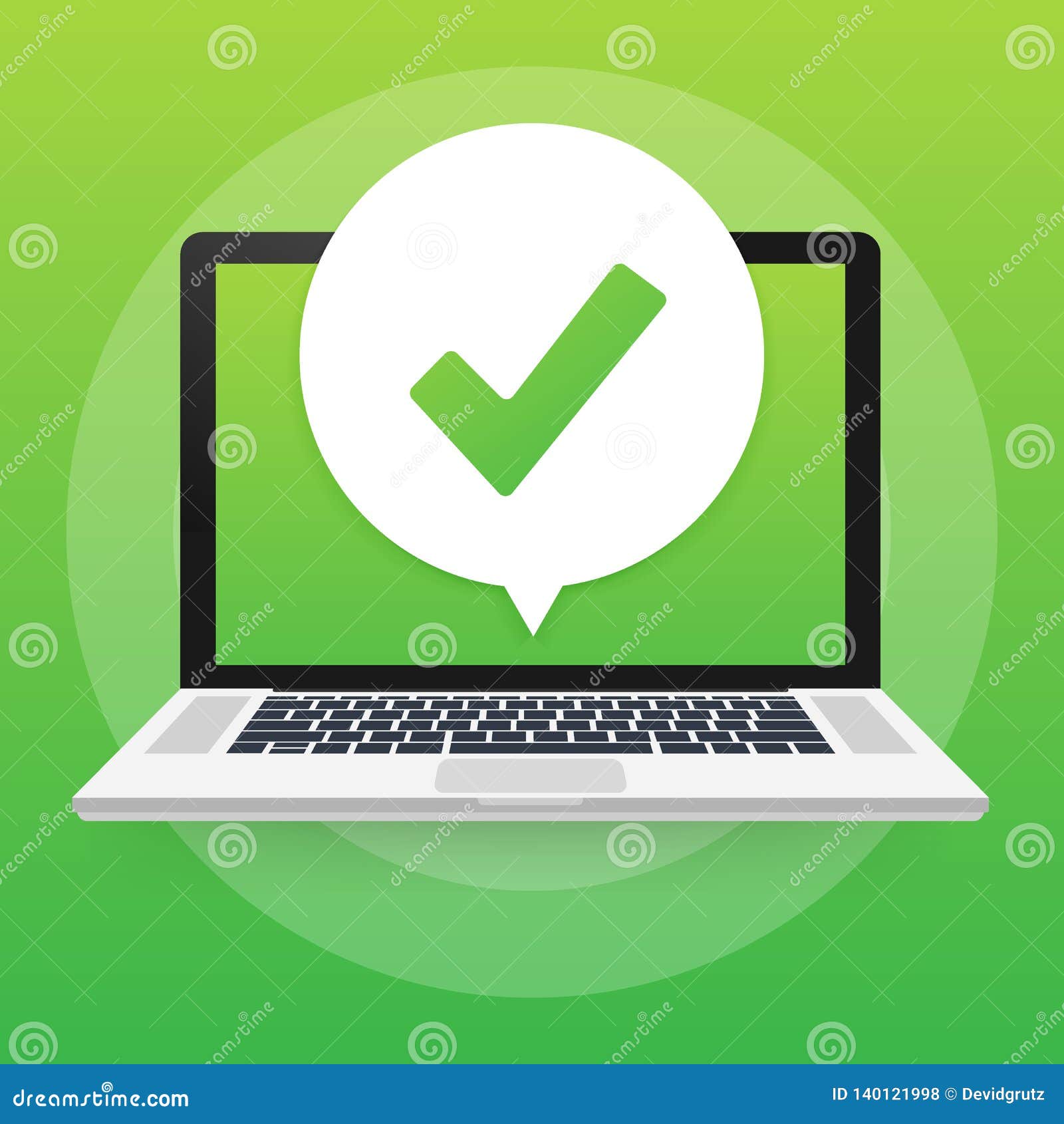 Laptop with Checkmark or Tick Notification in Bubble. Approved Choice ...