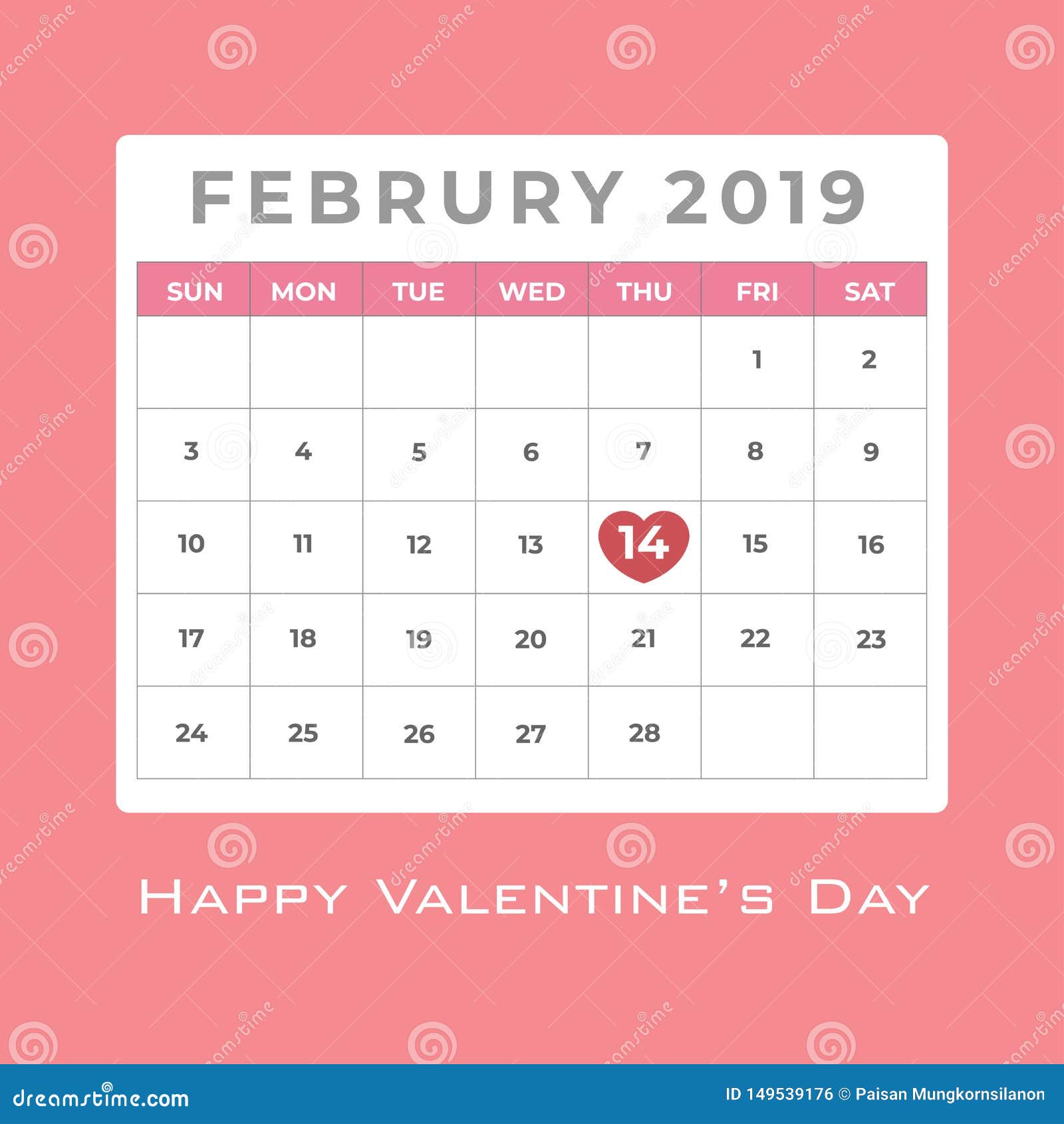 February 2019 Calendar with Red Heart Highlight at Day 14 for Valentine ...