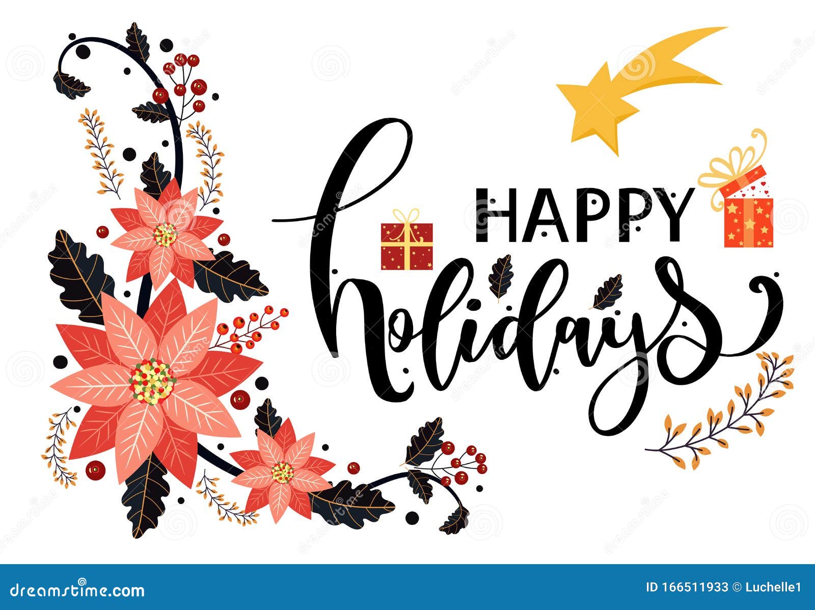 Happy Holidays Card Vector, Poinsettias with Leaves and Typography ...