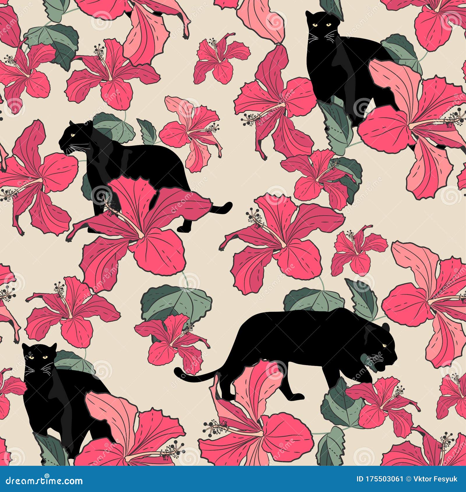 Seamless Pattern with African Panther Animal and Pink Hibiscus Flowers ...