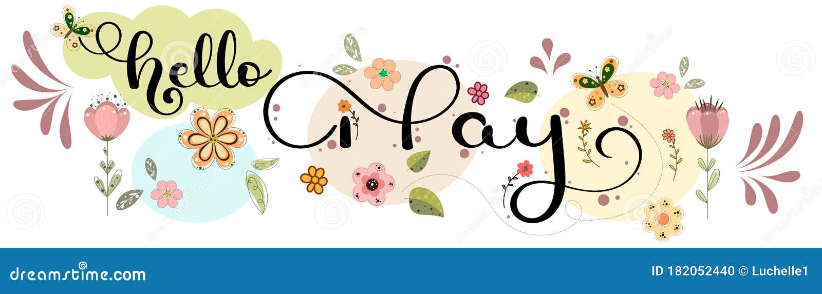 Hello May. MAY Month Vector Hand Lettering with Flowers, Butterflies ...