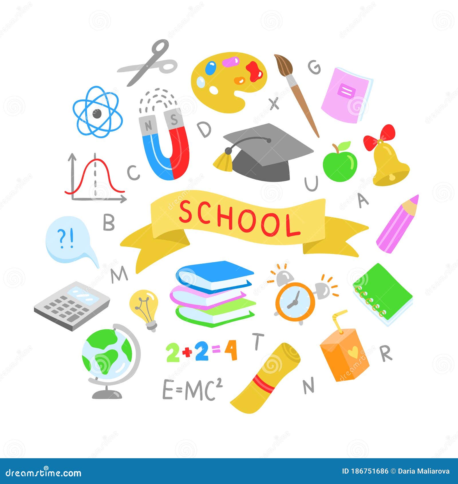 School Icons on White Background. Cute Learning Illustrations for Kids ...
