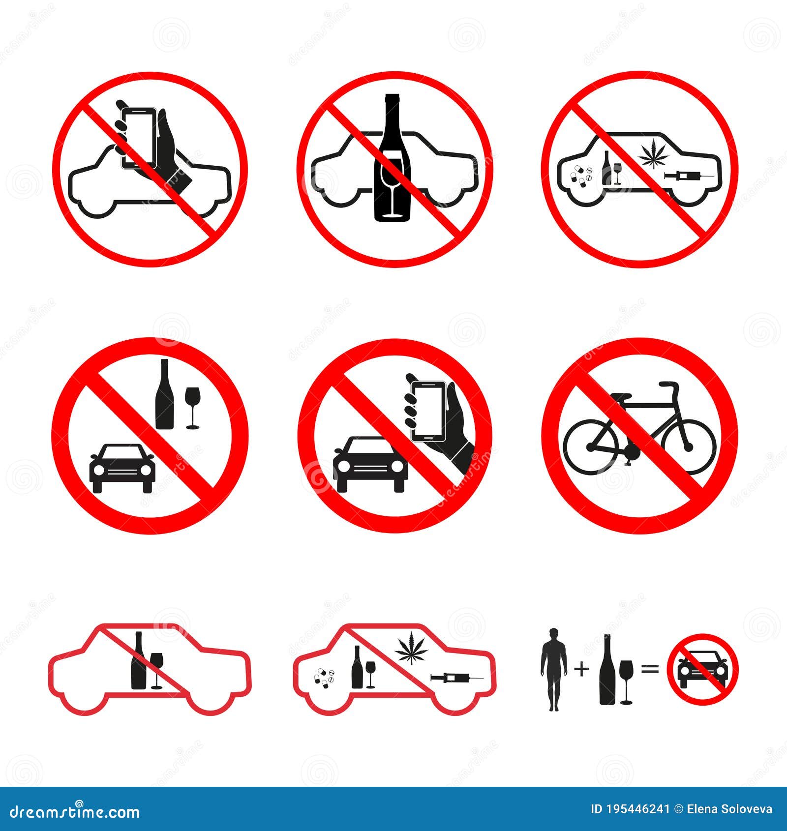 Illustration Set of Signs Prohibited Alcohol, Drugs Driving a Car Stock ...