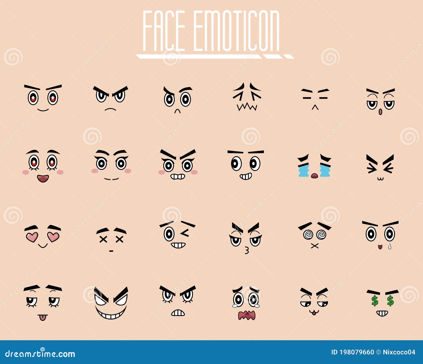 Cute Face Random Emoticon Set Stock Vector - Illustration of money ...