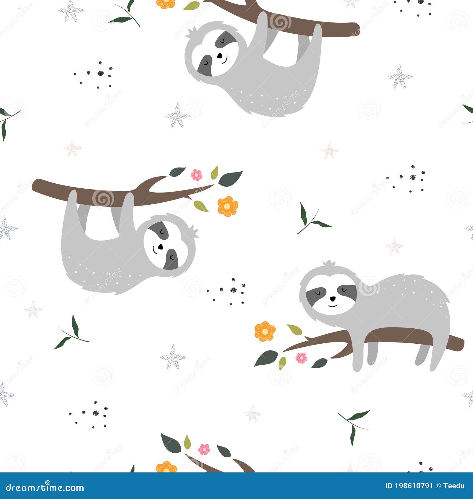 Seamless Pattern for Children Sloth Cartoon Character Perched on a ...