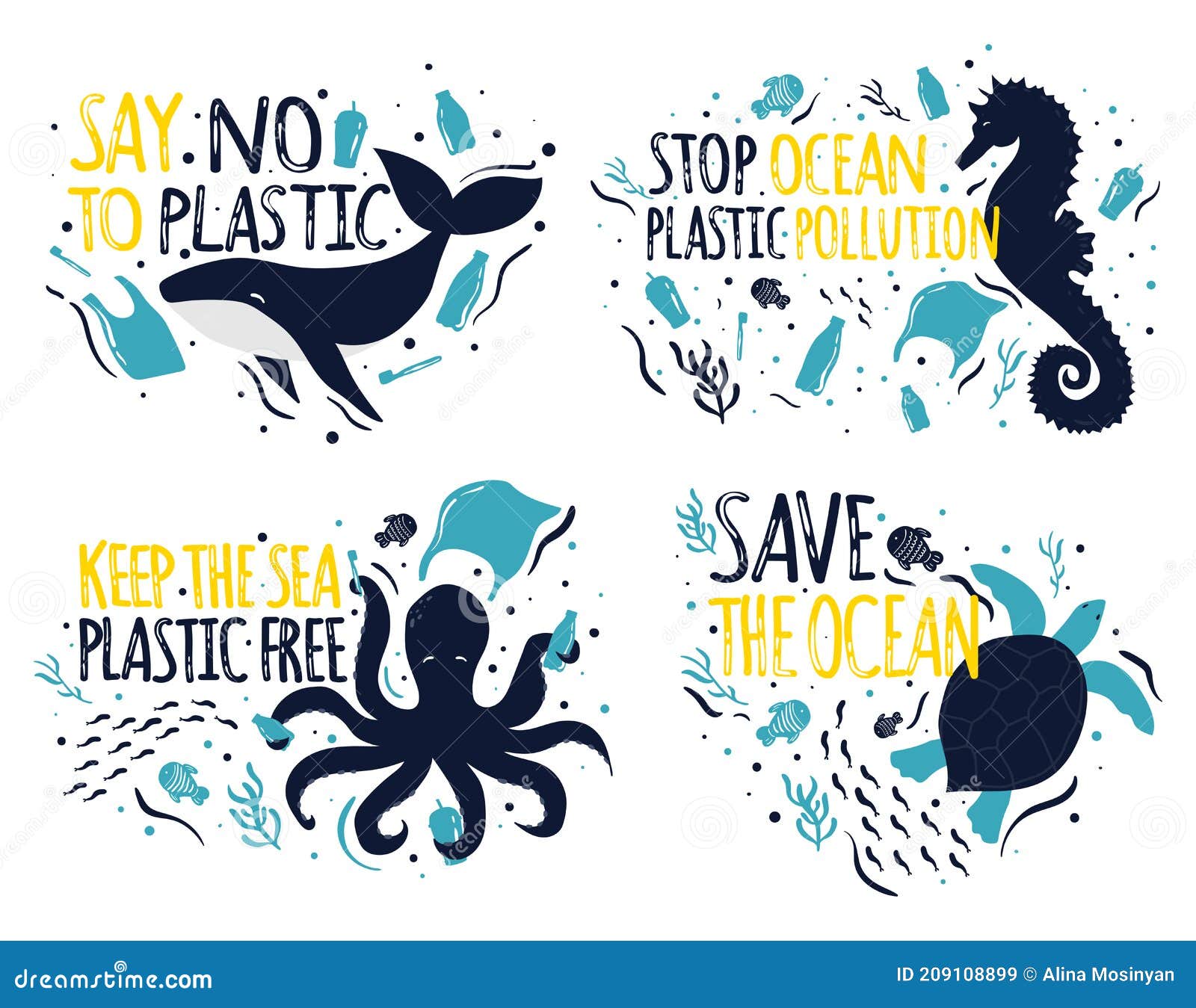 Save the Ocean. Ecology Stickers Collection Lettering. Plastic Free Sea ...