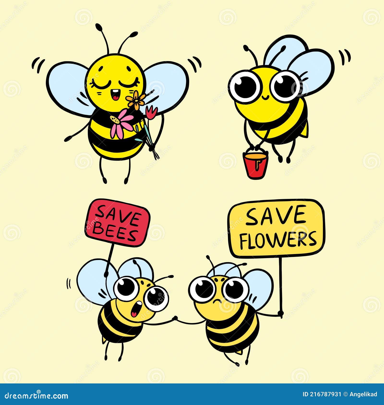 Save The Bees - Funny Bees Drawing. Illustration With Cute Cartoon Bees ...