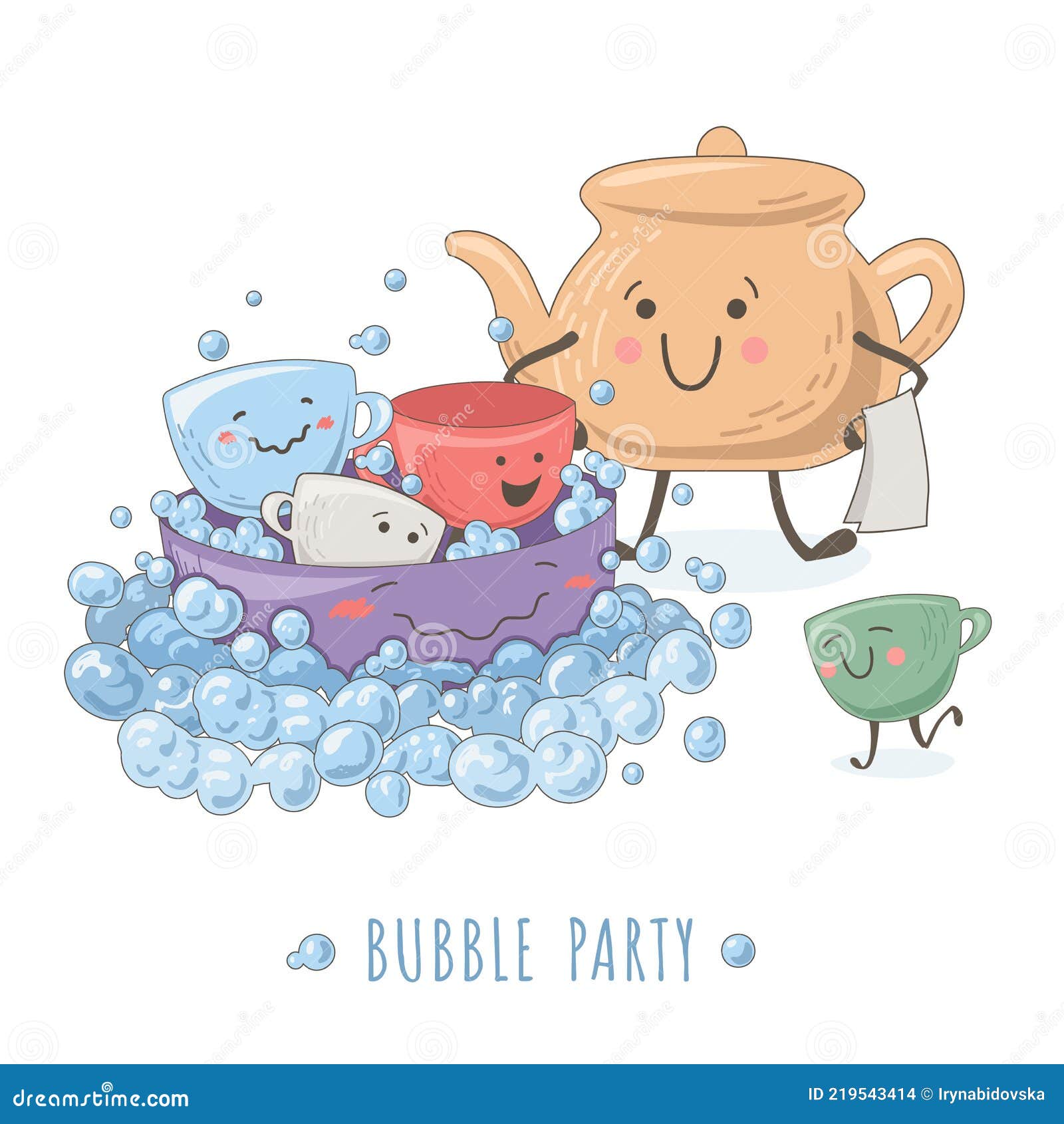 Funny Illustration with Teapot, Cups Surrounded by Bubbles. Cute Vector ...
