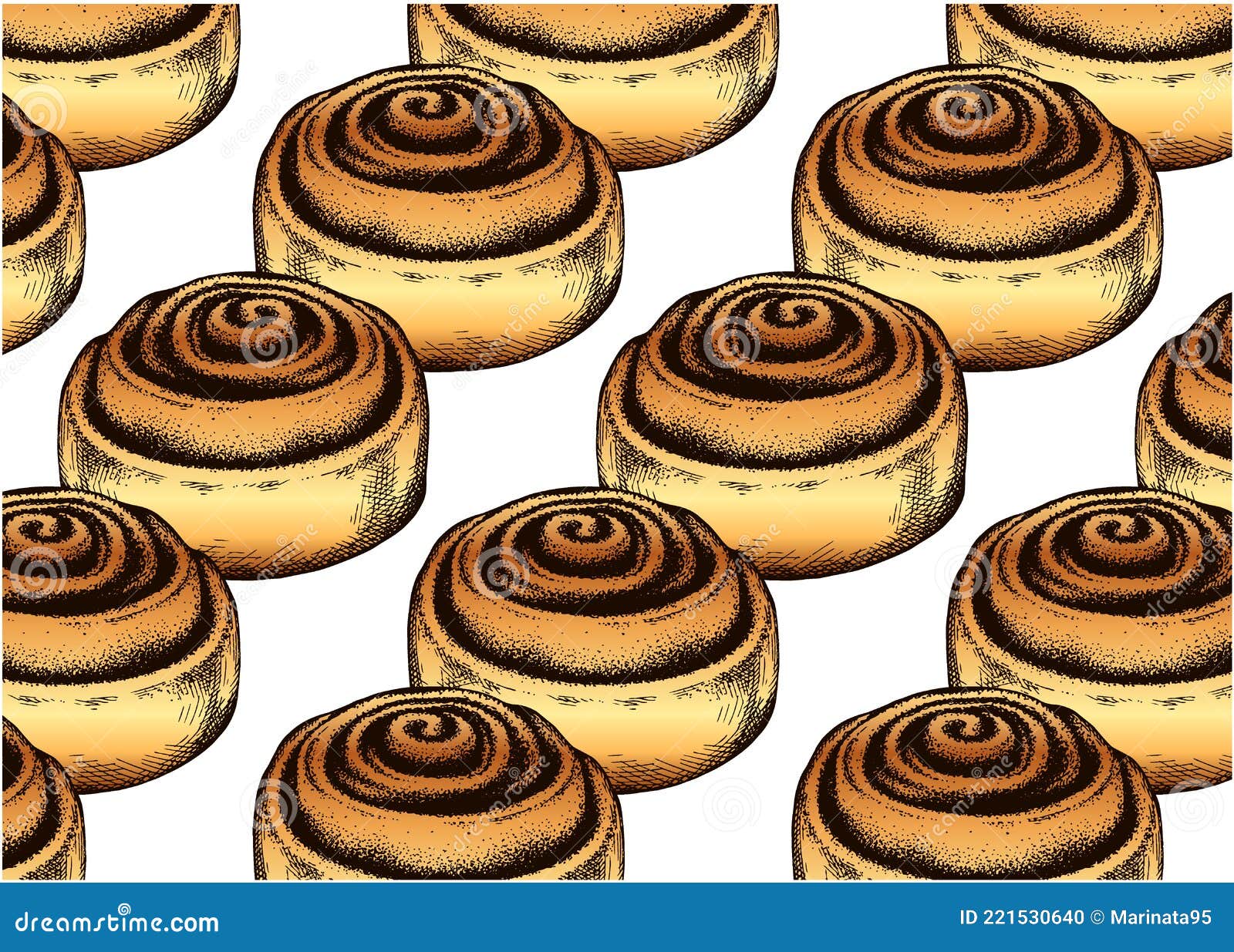 Sketch Hand Drawn Pattern With Brown Cinnamon Rolls Isolated On White ...