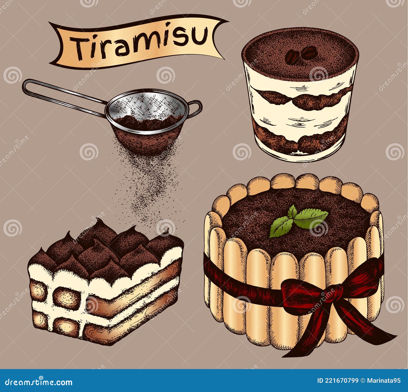 Sketch Hand Drawn Set of Italian Dessert Tiramisu. Tasty Sweet Cake ...