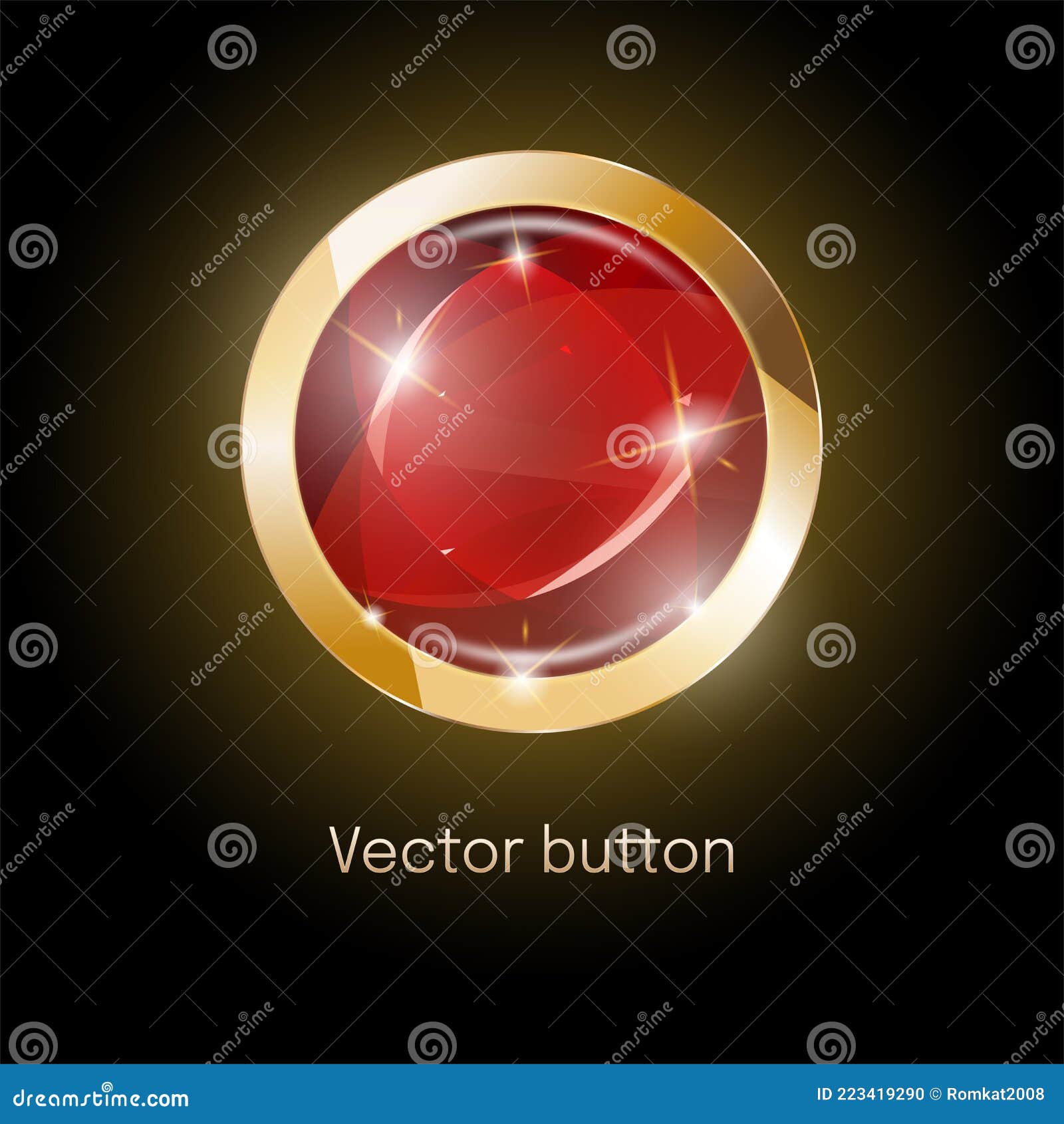 3D Round Crystal Red Button with Glowing Gold Frame. Stock Illustration ...