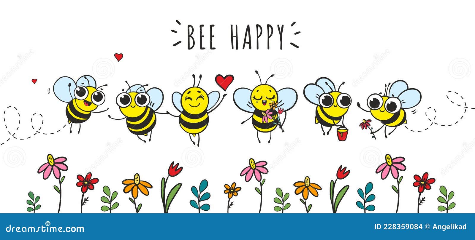 Happy Cartoon Bees Collect Pollen in a Flower Field Stock Vector ...