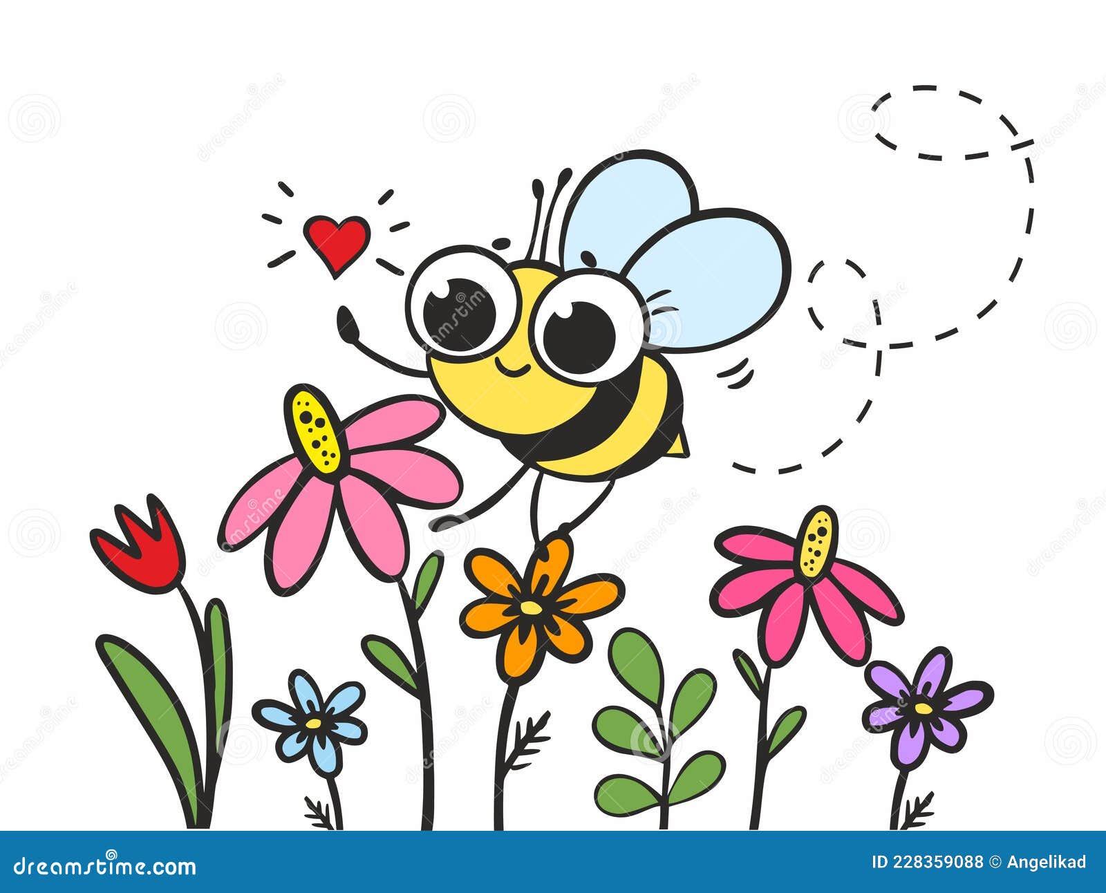 Cartoon Bee Collects Pollen on Flowers. Stock Vector - Illustration of ...