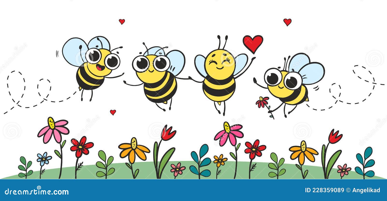 Happy Cartoon Bees Collect Pollen in a Flower Field. Stock Vector ...