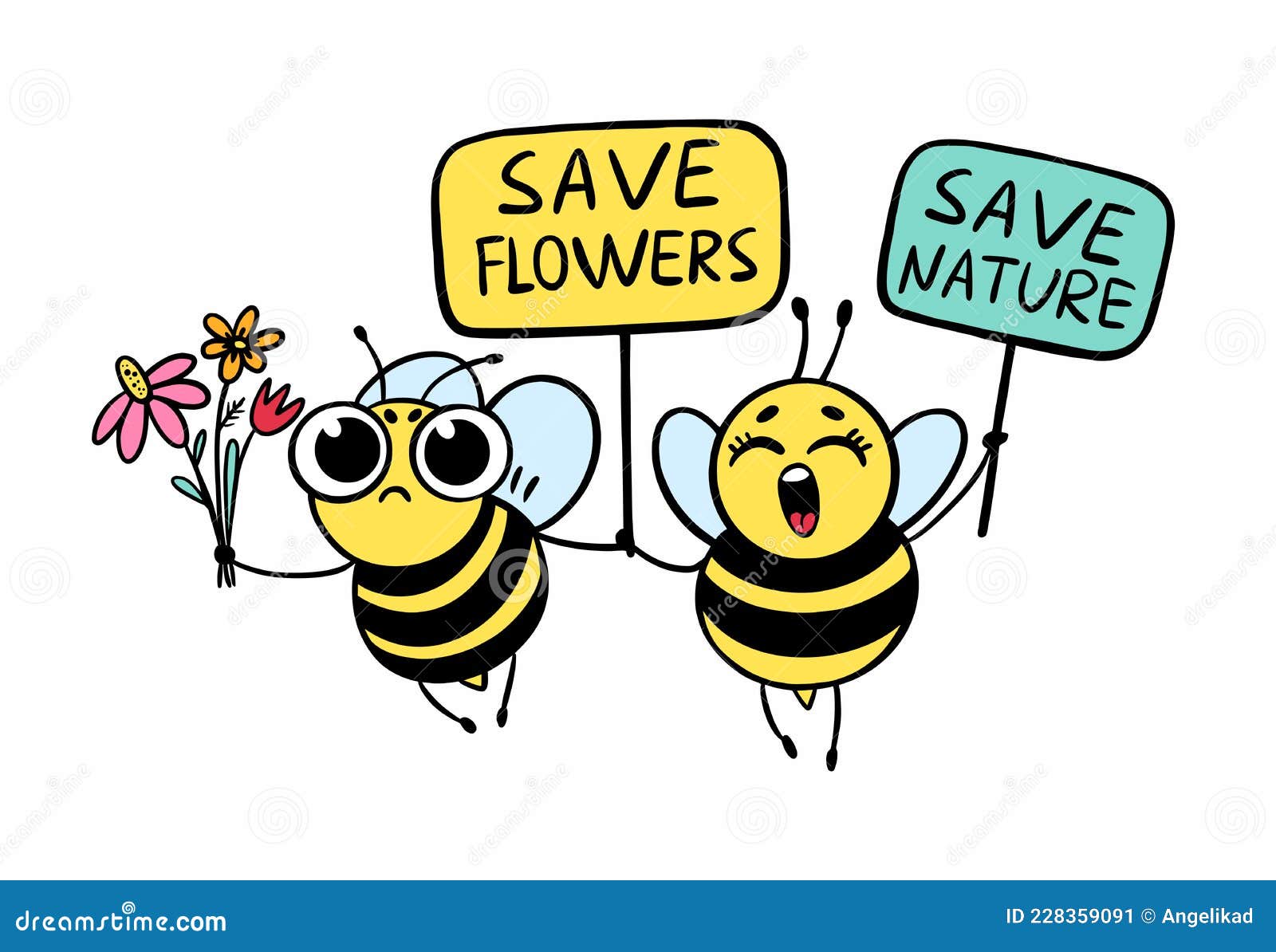 Save the Bees - Funny Bees Drawing. Illustration with Cute Cartoon Bees ...