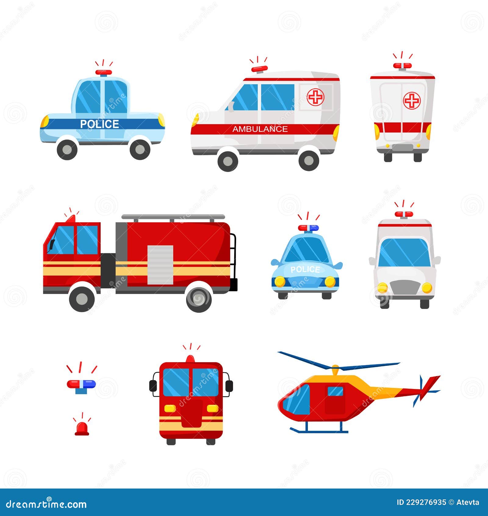 Emergency Services. Cartoon Vector Illustration of Ambulance, Police ...