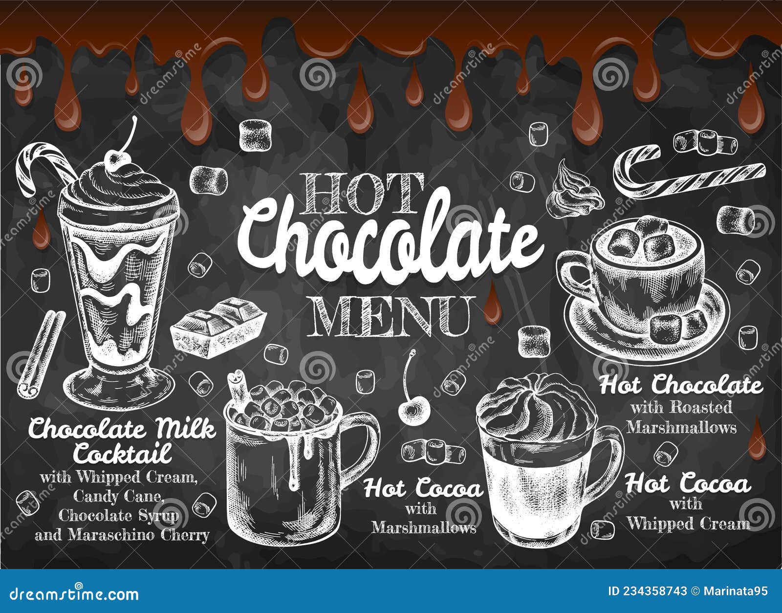 Chalk Drawing Poster of Hot Chocolate Menu with Melted Chocolate. Stock ...