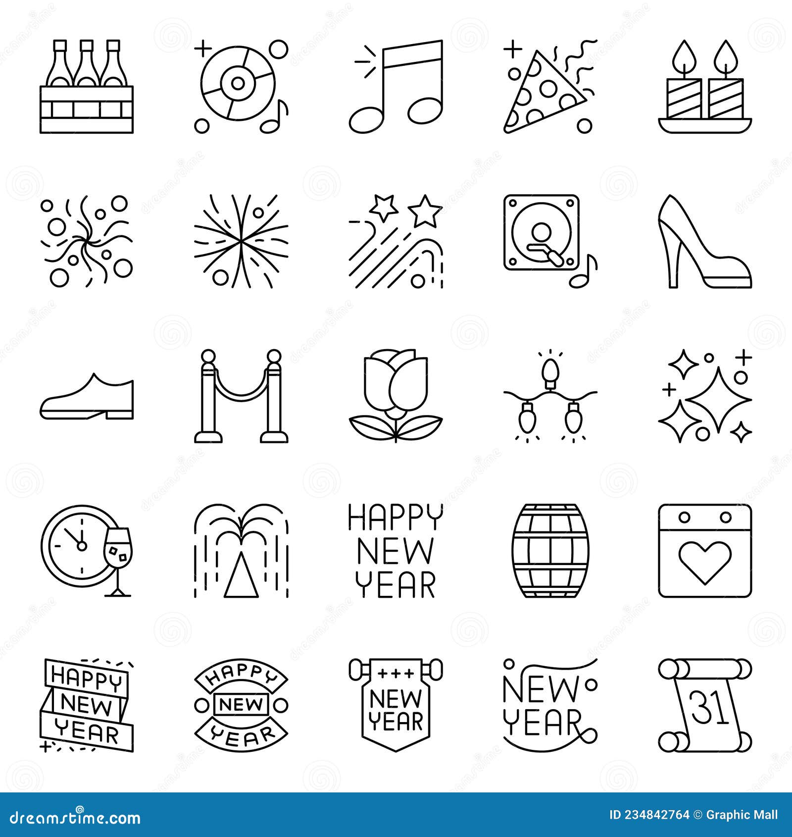 Outline Icons for Happy New Year. Stock Vector - Illustration of barrel ...