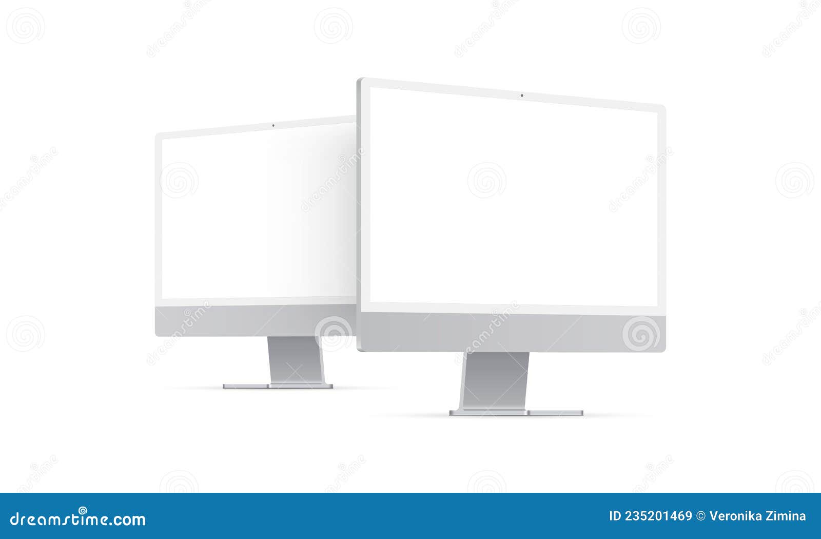 Two Computer Monitors Silver Mockups, Perspective Side View Stock ...