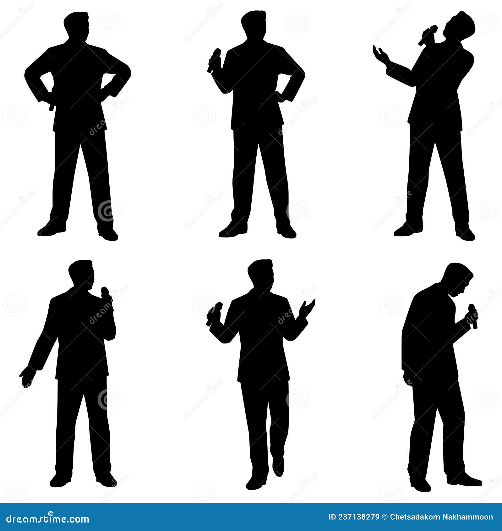 Set of Talk Show Man with Microphone in Hand Silhouette Vector Stock ...