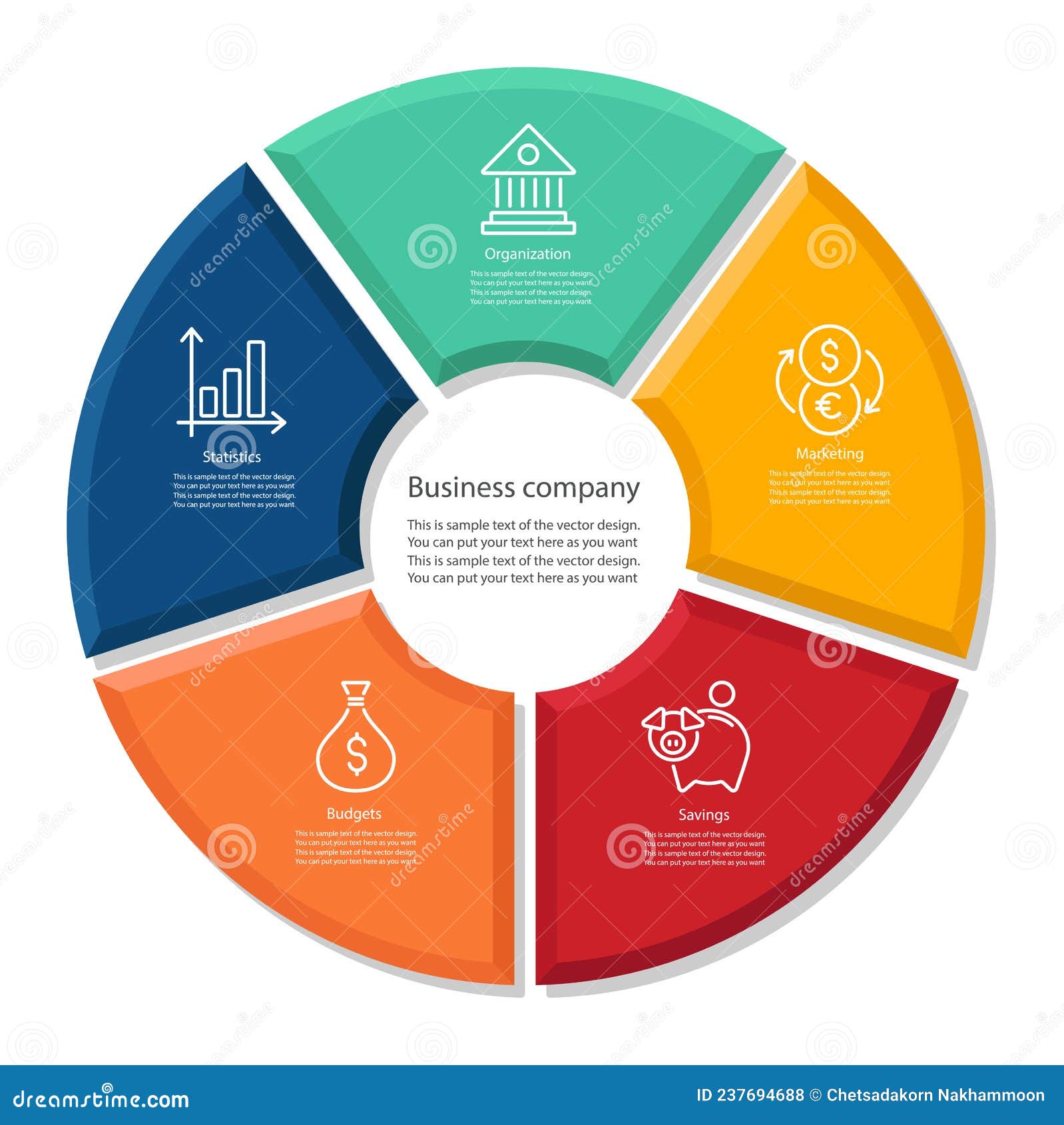 Colorful 5 Parts Pie Graph in Modern Flat Style. Stock Vector ...