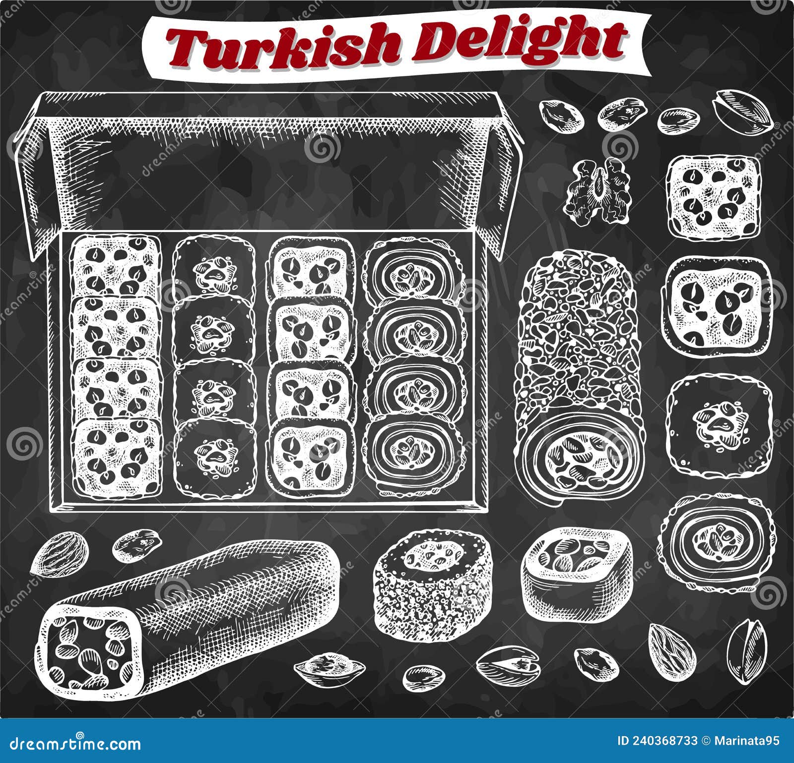 Chalk Drawing Turkish Delight Isolated on Blackboard. Sketch Drawing ...