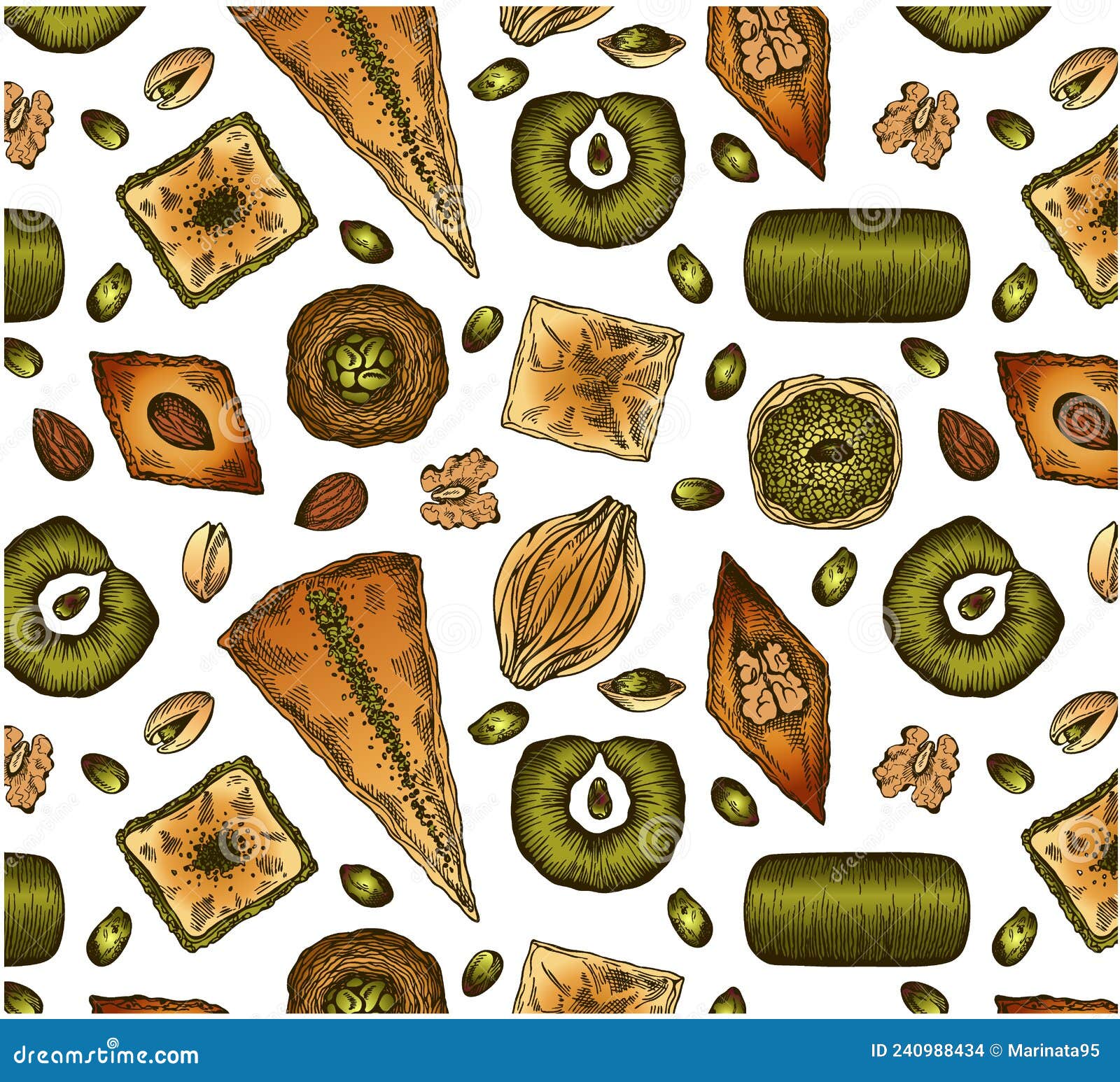 Sketch Hand Drawn Pattern with Colorful Turkish Baklava on White ...