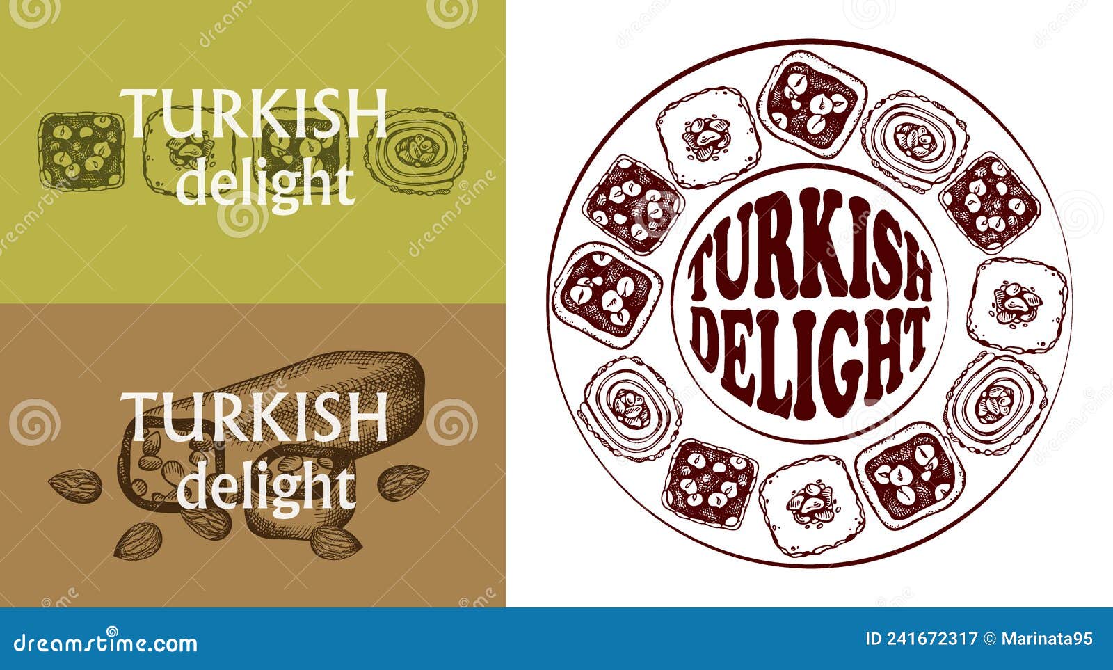 Sketch Hand Drawn Icon Set of Turkish Delight with Pistachio, Chocolate ...