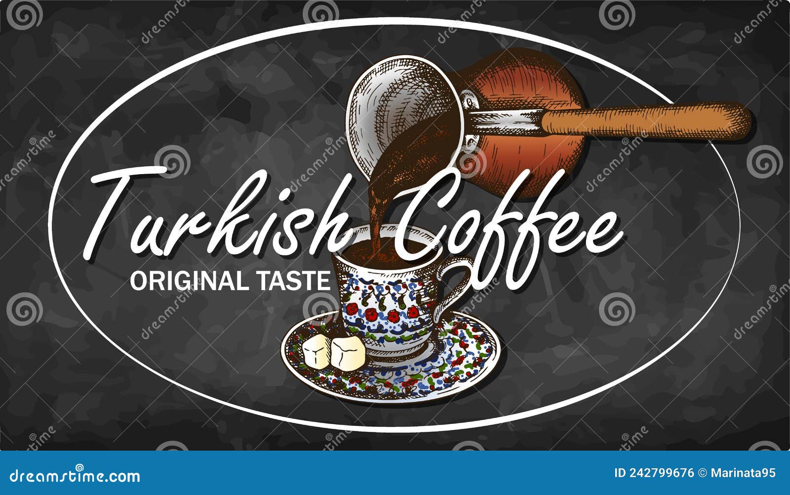 Sketch Drawing Colorful Logo of Turkish Coffee Isolated on Chalkboard ...