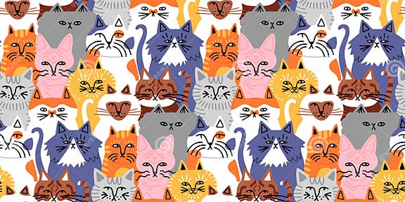 Funny Cat Animal Crowd Cartoon Seamless Pattern in Flat Illustration ...