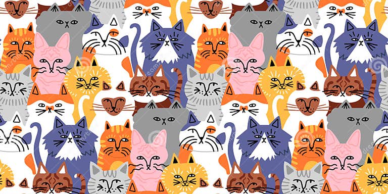 Funny Cat Animal Crowd Cartoon Seamless Pattern in Flat Illustration ...
