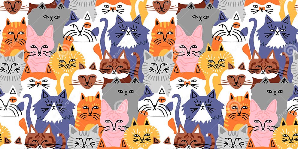 Funny Cat Animal Crowd Cartoon Seamless Pattern in Flat Illustration ...
