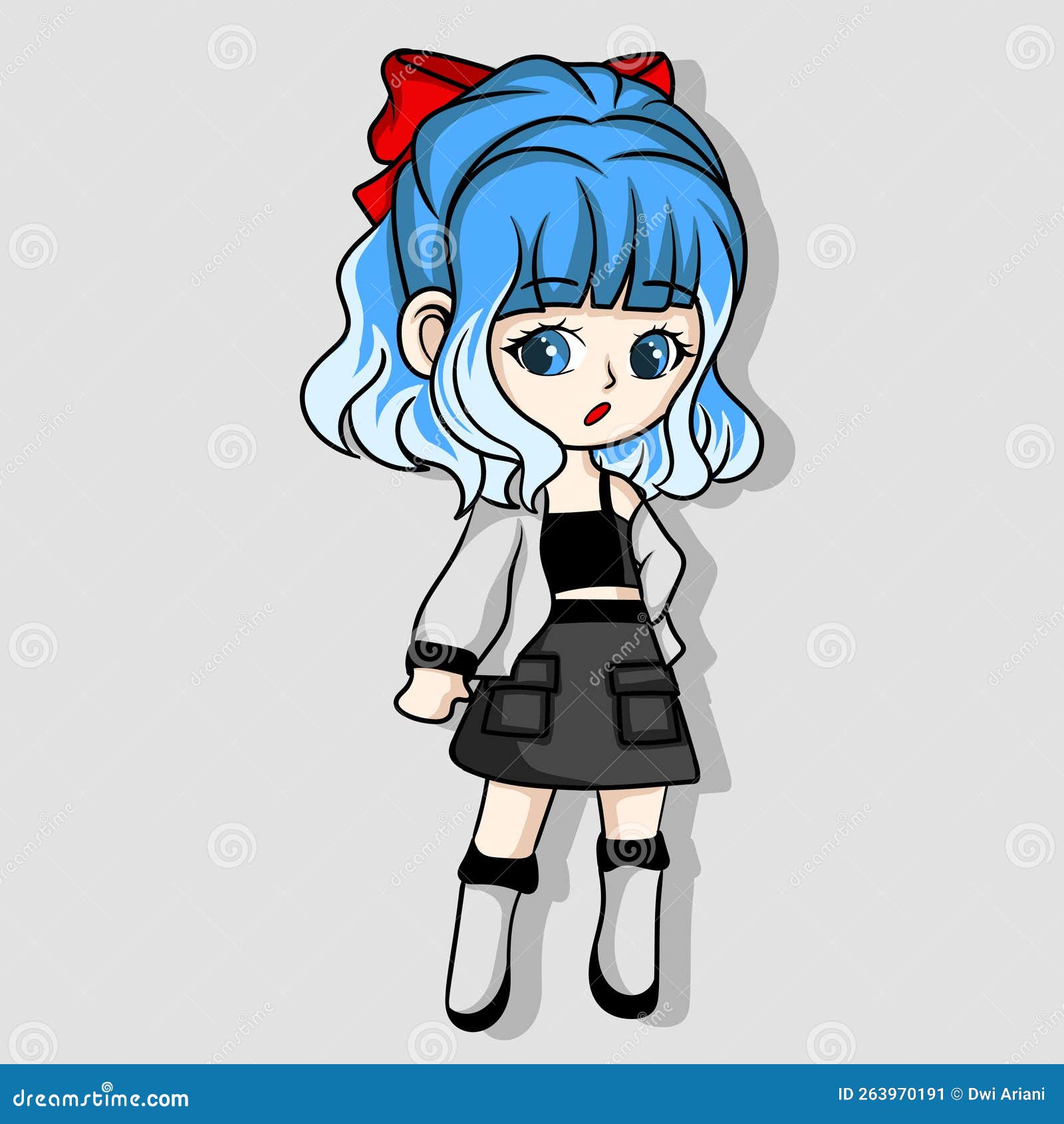Illustration Art Cute Chibi Girl with Ribbon Blue Hair Character Design ...