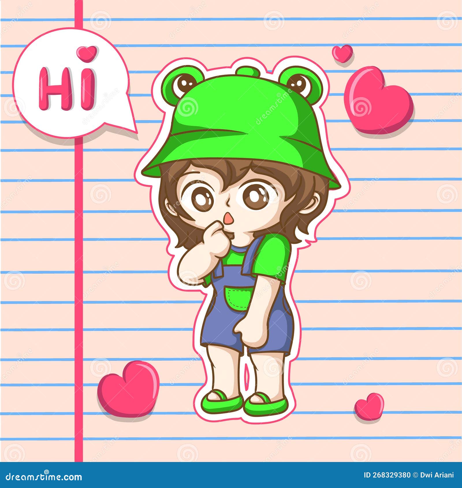 Cute Paper Art Chibi Girl with Frog Hat Character Design Stock Vector ...