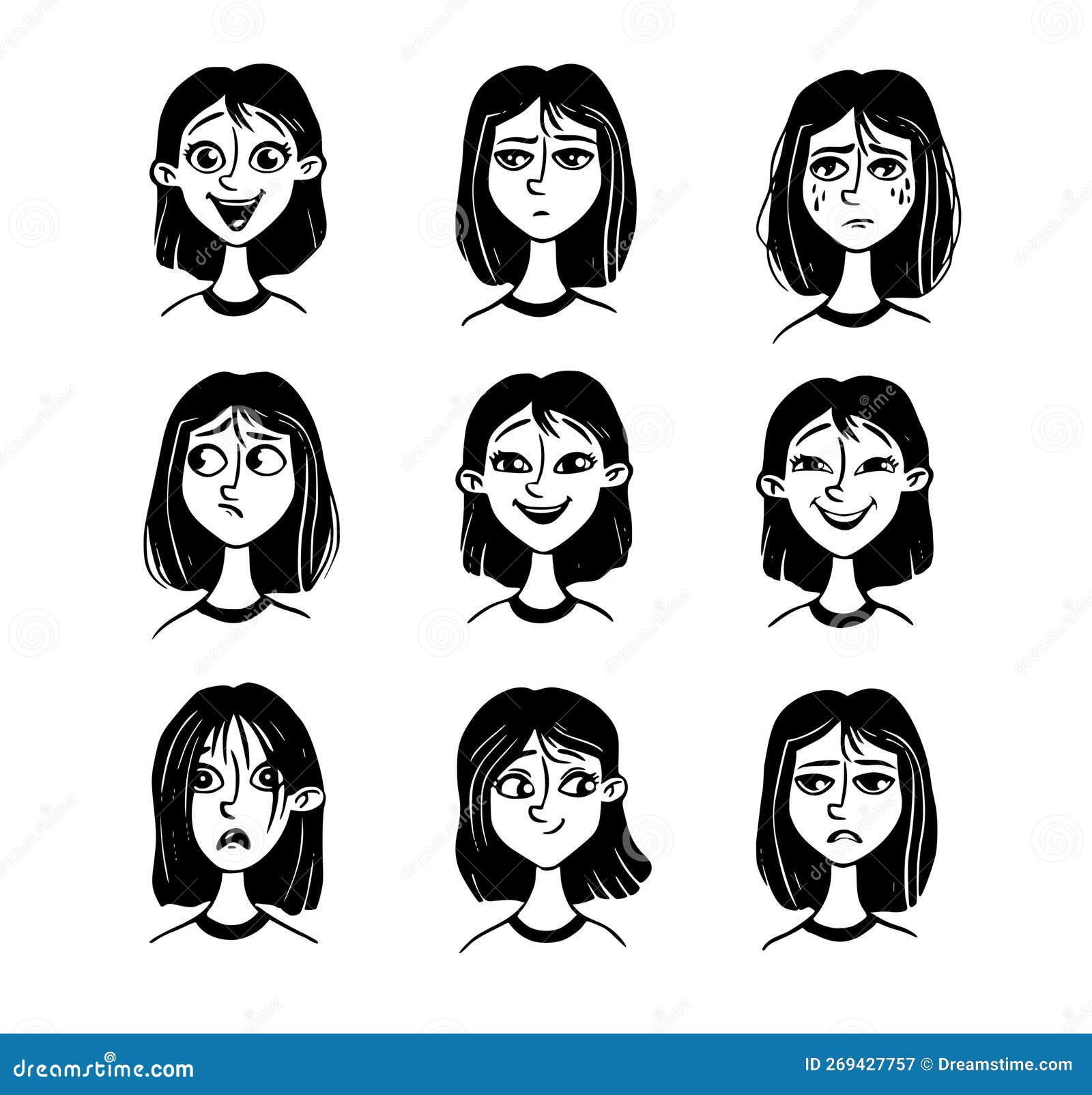 Black and White Set of Woman S Emotions. Facial Expression Stock Vector ...