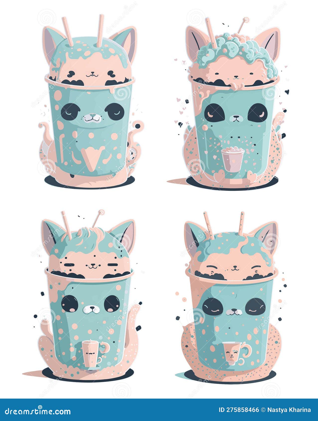 Set of Vector Stickers with Cute Cats in Boba Tea Cups Stock Vector ...