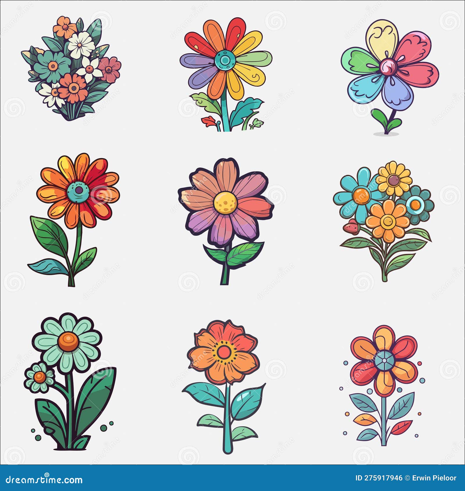 Set of Colorful Doodle Flowers and Leaves. Vector Illustration Stock ...