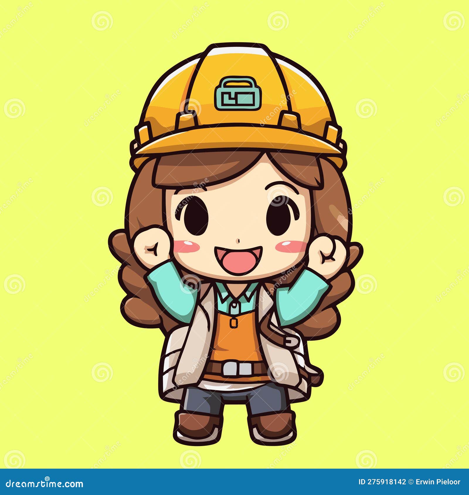 Cute Little Girl Wearing a Hard Hat. Vector Illustration in Cartoon ...