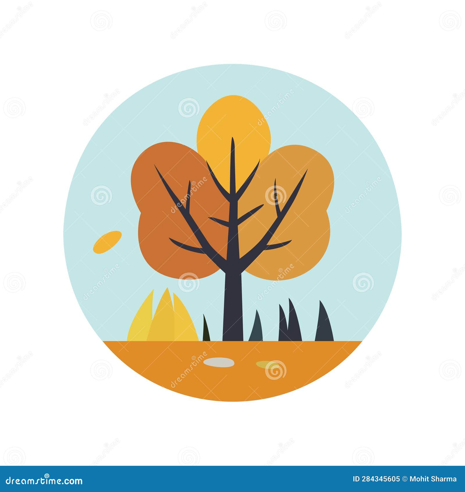 Vector Illustration Artwork Tree with Orange Leaves and Orange Land in ...